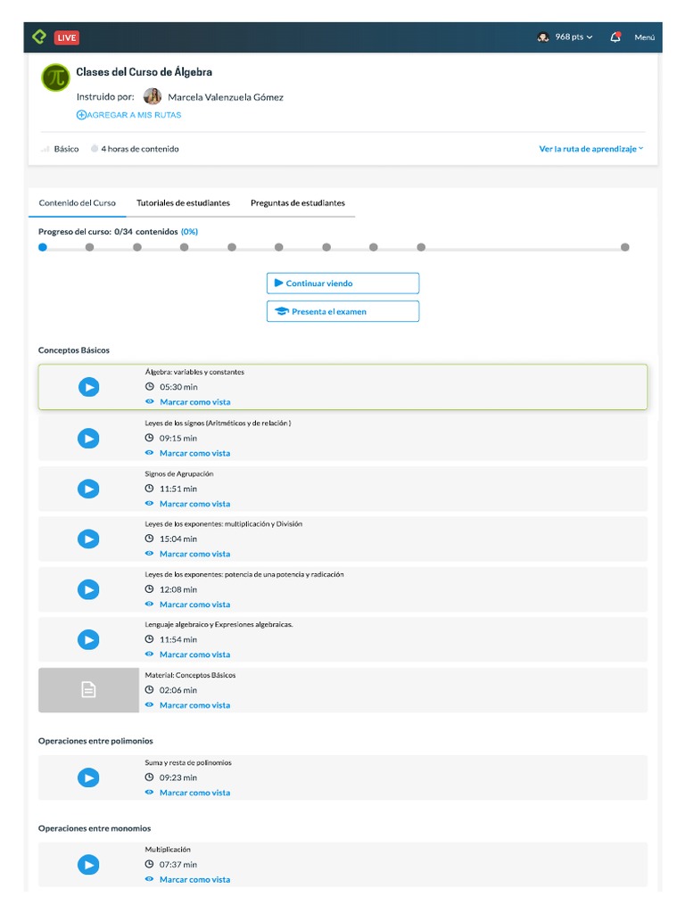 00indice - Clases Del Curso de Álgebra - Platzi | PDF