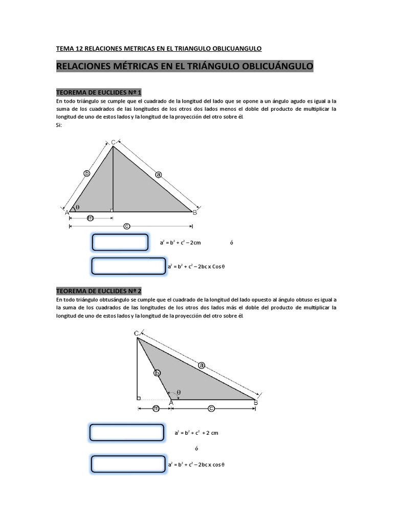Tema 12 Relaciones Metricas en El Triangulo Oblicuangulo | PDF | Triángulo | Objetos geométricos