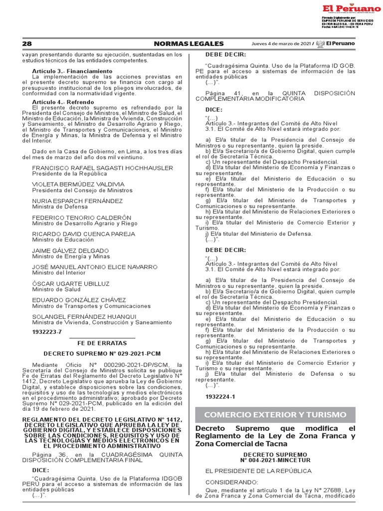Decreto Supremo Que Modifica El Reglamento de La Ley de Zona Decreto Supremo N 004 2021 Mincetur ...