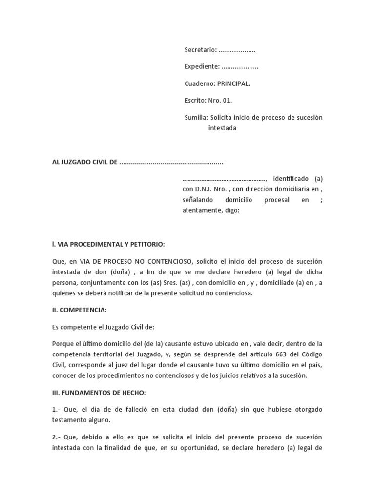 Solicitud de Sucesion Intestada | PDF | Voluntad y testamento | Intestacy