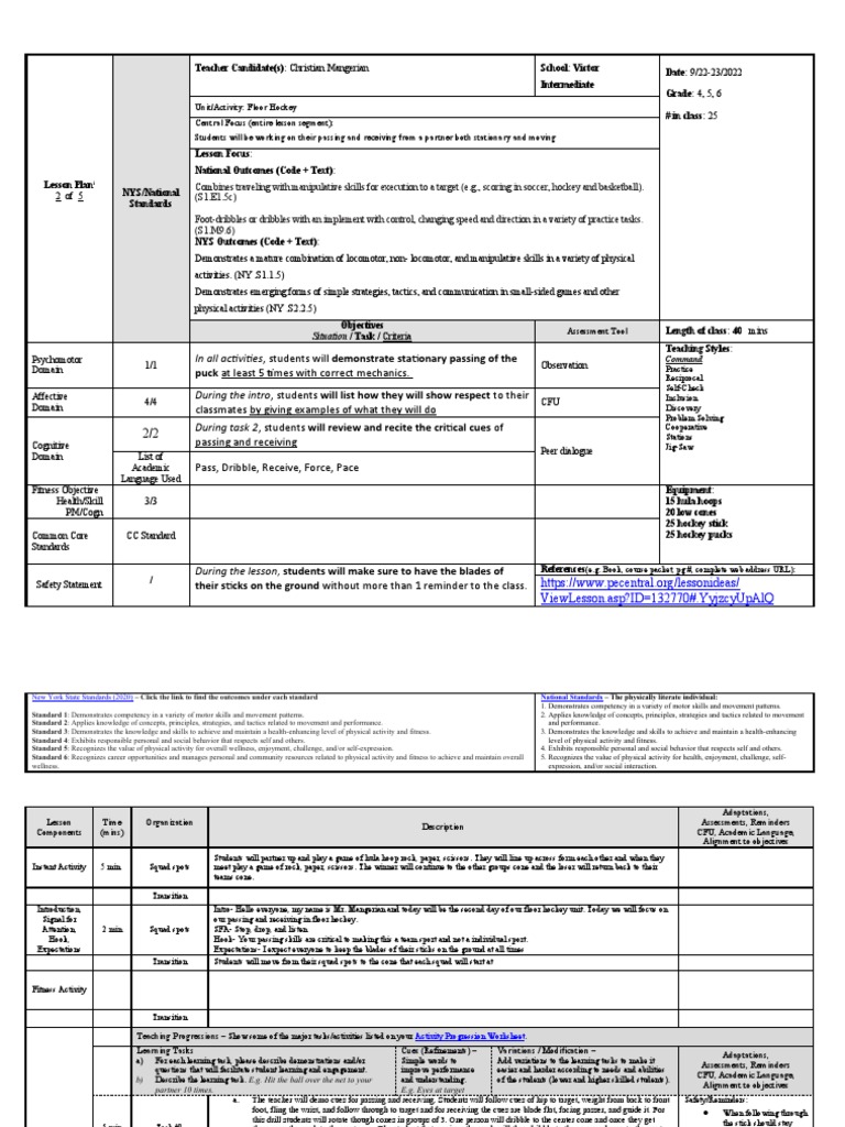 Floor Hockey Lesson Plan for Grades 4-6 | PDF | Lesson Plan | Learning