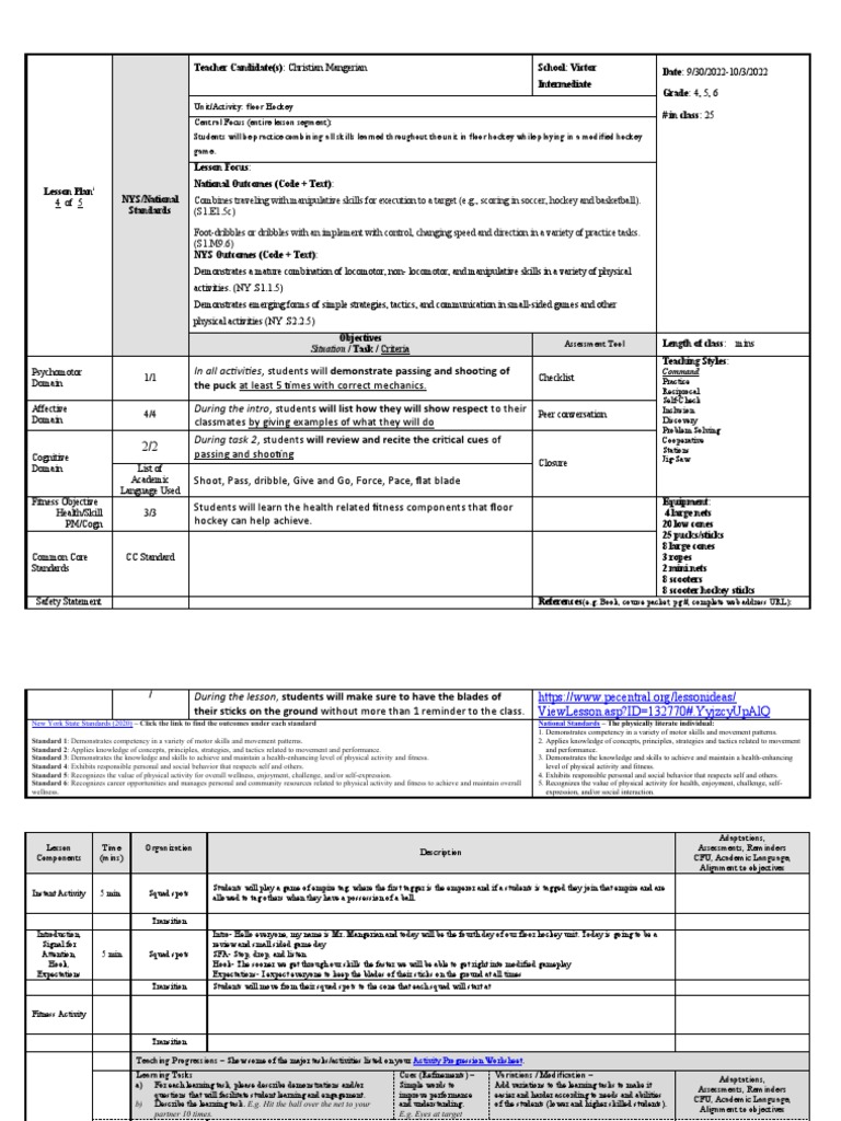 Floor Hockey Lesson Plan for Grades 4-6 | PDF | Educational Assessment ...