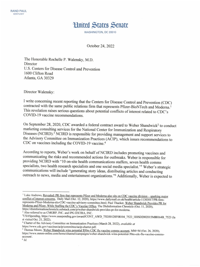 Senator Rand Paul Letter To CDC On Weber Shandwick | PDF | Centers For ...