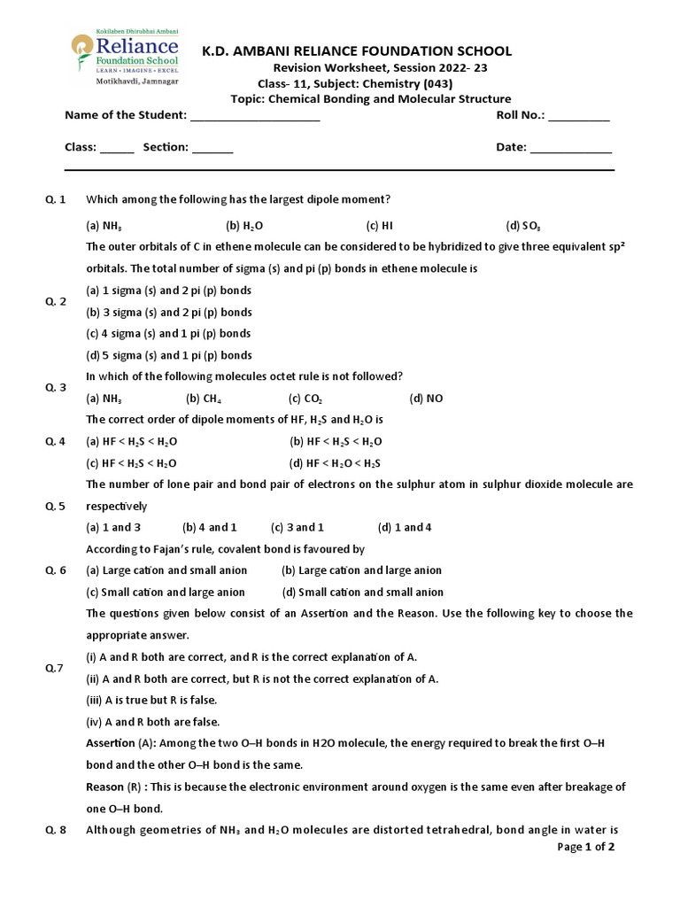 Revision Worksheet - Chemical Bonding and Molecular Structure-2022-23 ...
