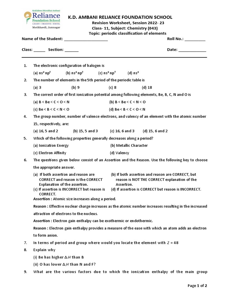Revision Worksheet Periodic Classification of Elements - 2022-23 | PDF ...