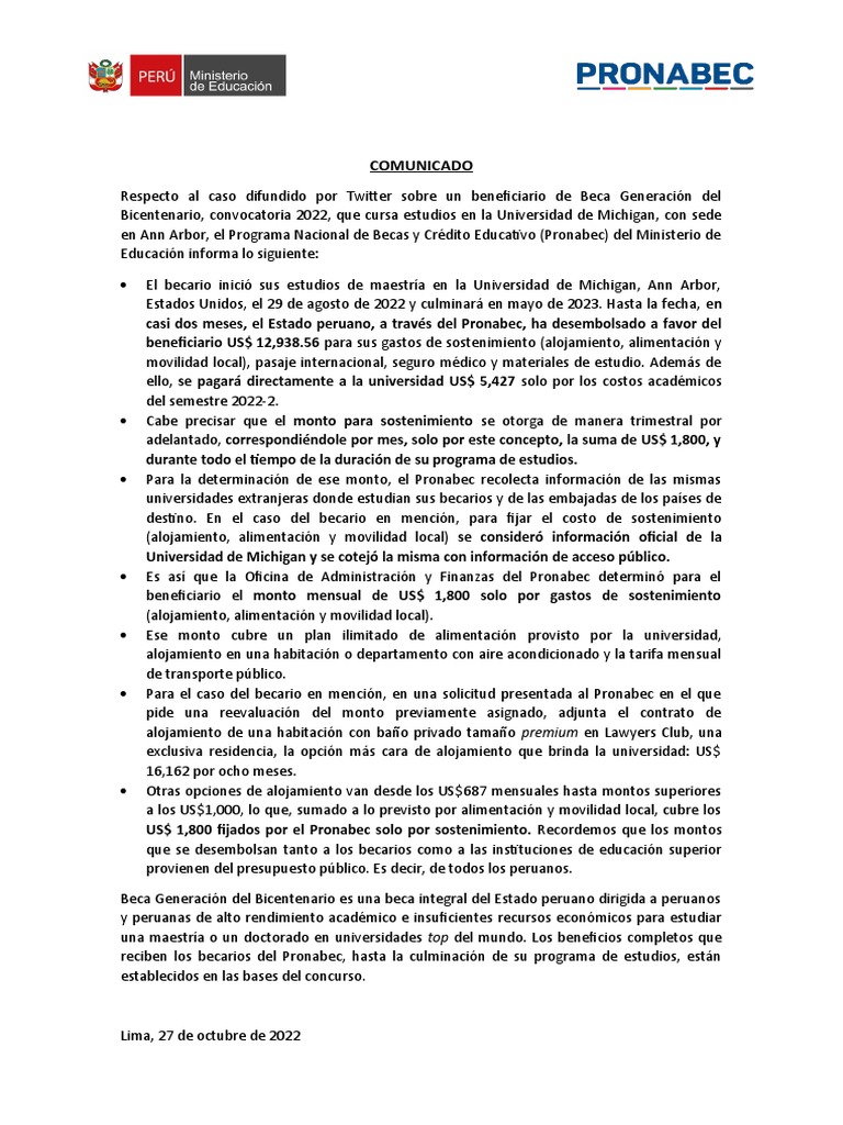 Comunicado - Caso Beneficiario de Beca Generación Del Bicentenario 2022 | PDF | Economias