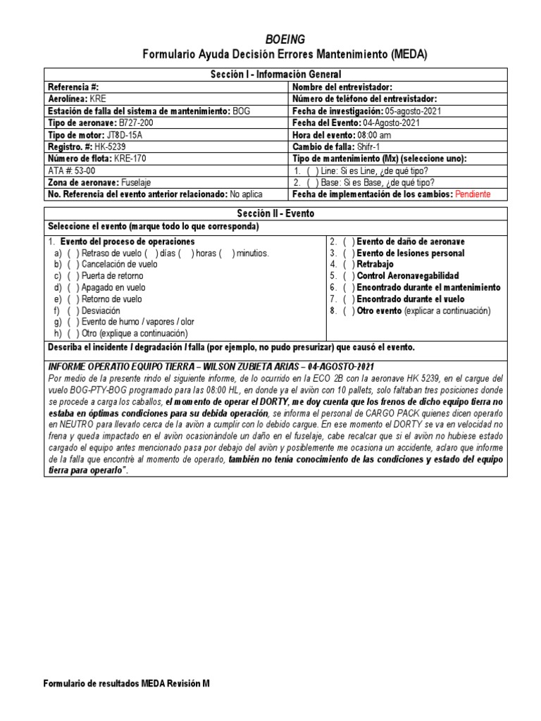 Informe MEDA Boeing: Análisis de Fallas | PDF | Planificación | Parcialidad