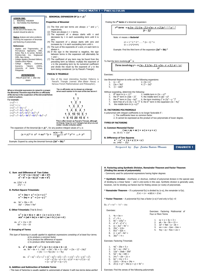 Eng Math Lesson 1 | PDF | Factorization | Polynomial