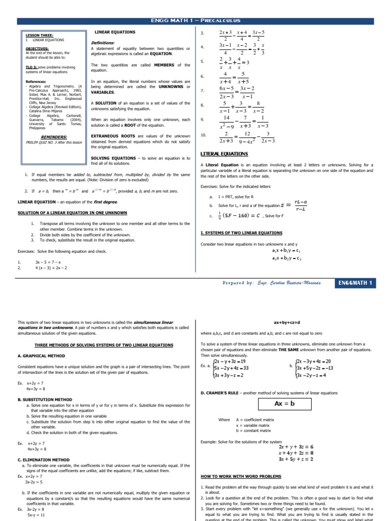 Eng Math Lesson 2 | PDF | Equations | System Of Linear Equations