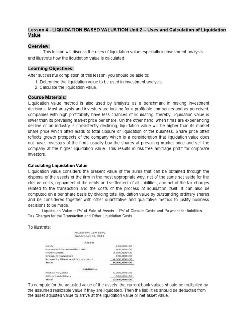 Lesson 4 - LIQUIDATION BASED VALUATION - Unit 2 - Uses and Calculation ...