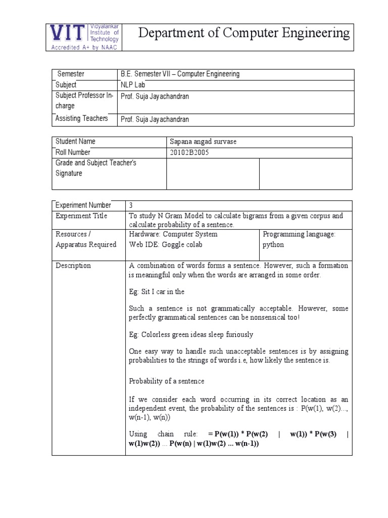 NLP Lab Experiment on N-Gram Model | PDF | Linguistics | Cognition