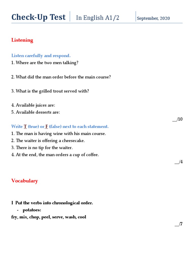 Check Up Test A1/2 | PDF