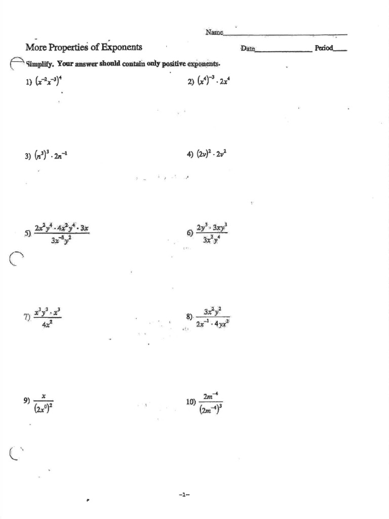 More Properties of Exponents Practice | PDF