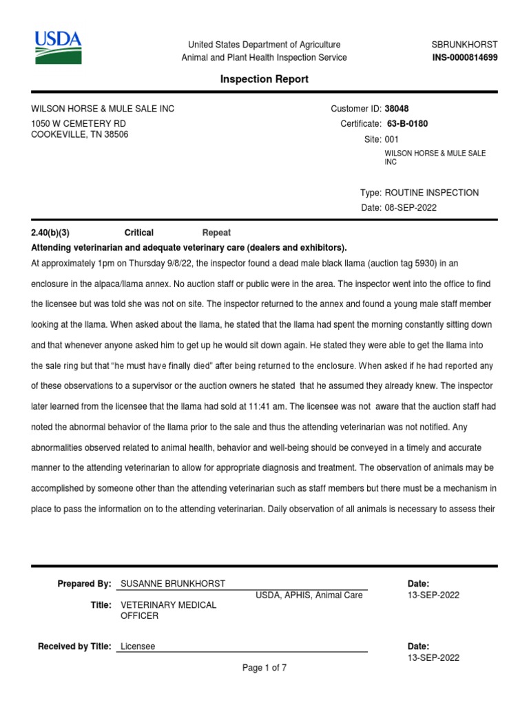 2022 09 08 USDA Inspection Report | PDF