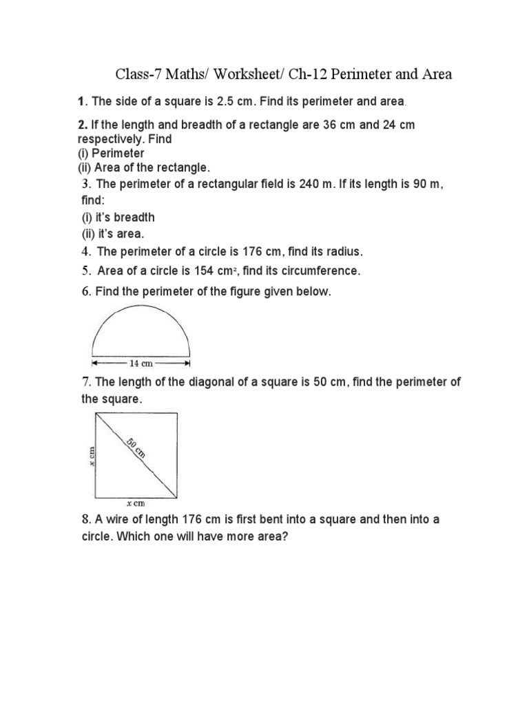 Class-7 Worksheet Perimeter and Area | PDF