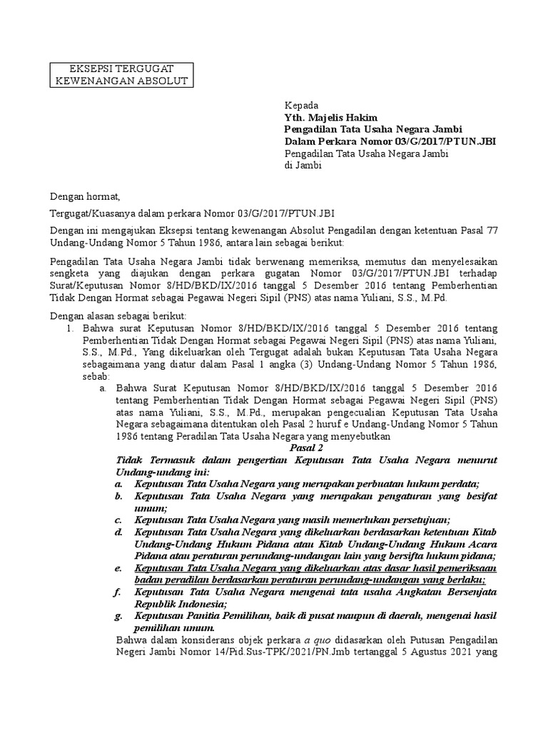 Eksepsi TERGUGAT PTUN Kewenangan Absolut | PDF