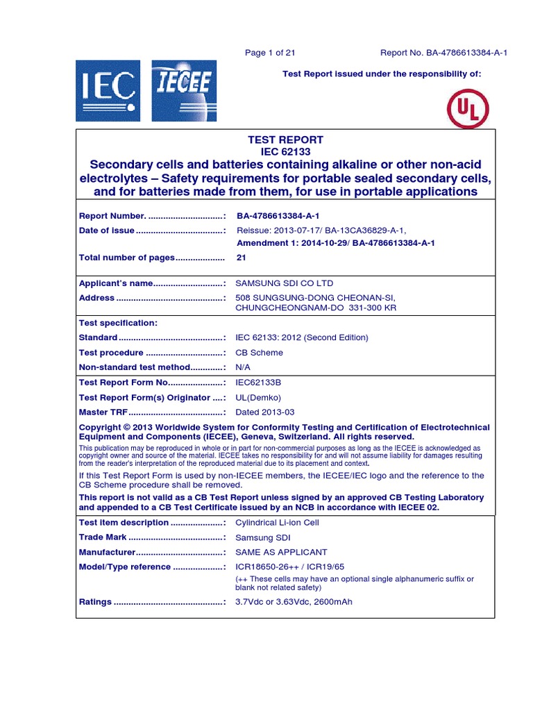 (ICR18650-26B) IEC62133 CB Test Report - MH21015-D2-CB-3-Amendment-1 ...