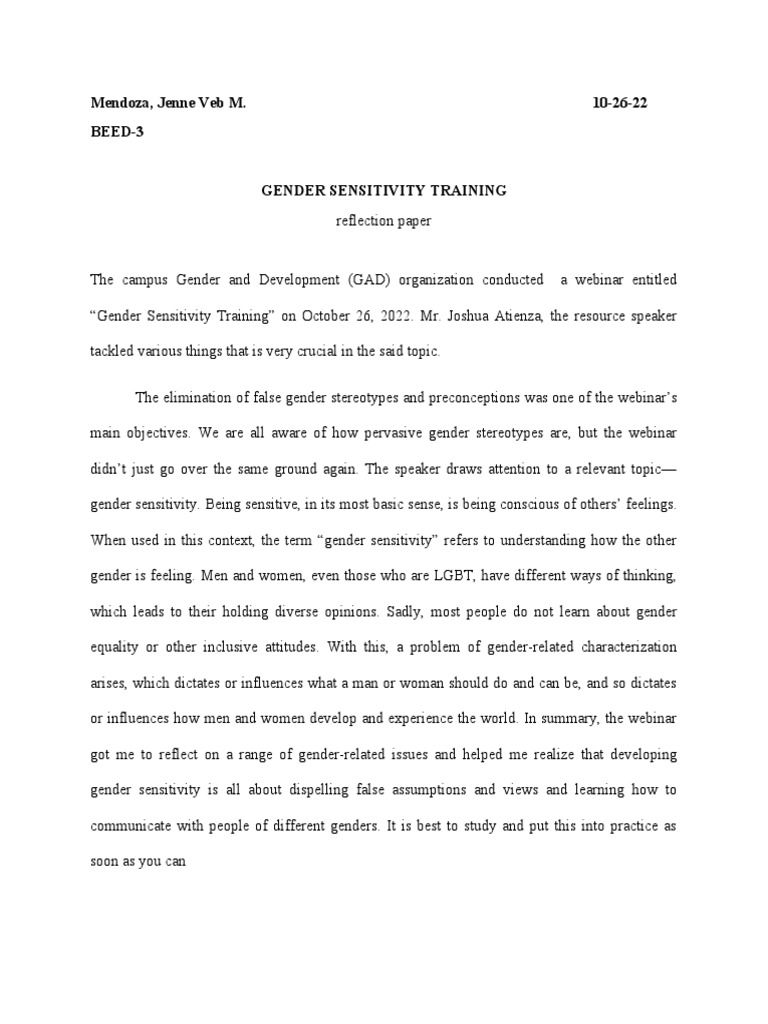 Gender Sensitivity Training Reflection | PDF Gender Sensitivity Training Reflection | PDF