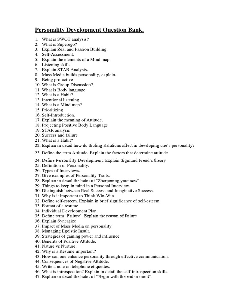 Personality Development Question Bank | PDF | Id | Attitude (Psychology)