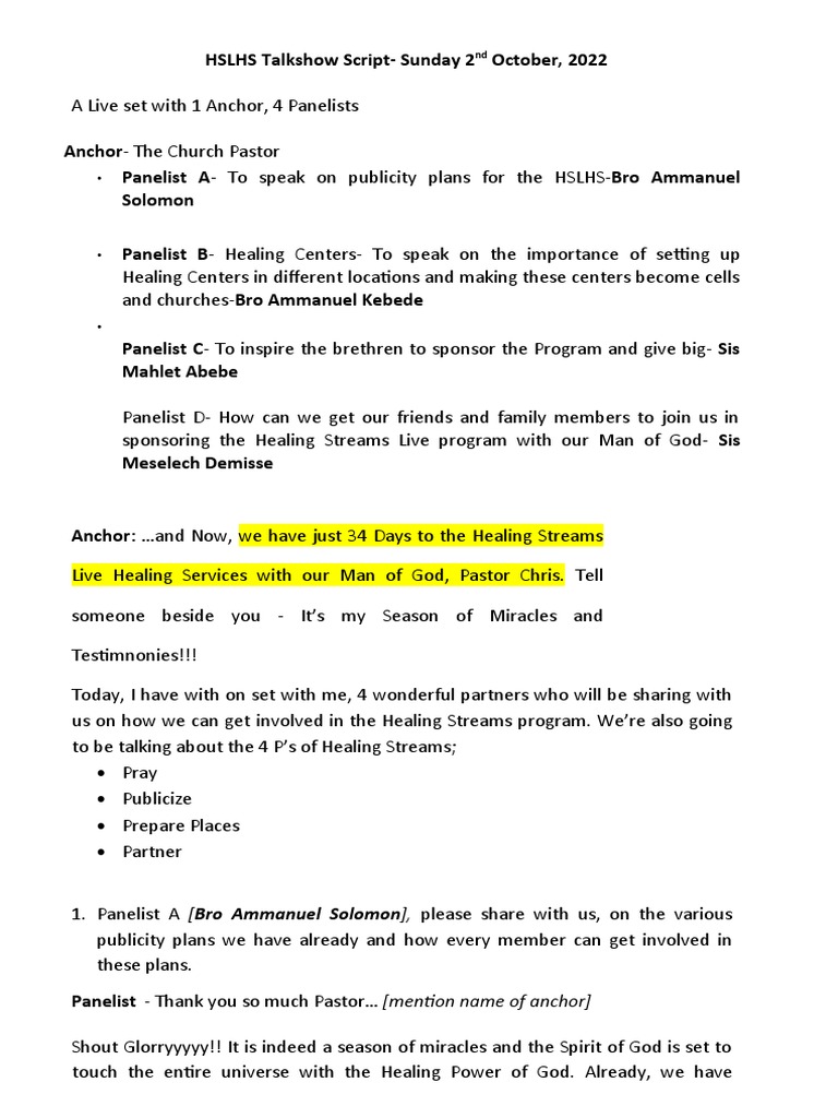 November Healing Streams Talkshow Script | PDF | Miracle