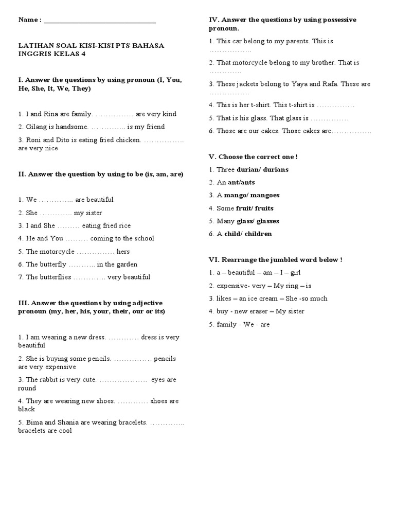 Latihan Soal PTS B.Inggris Kelas 4 | PDF