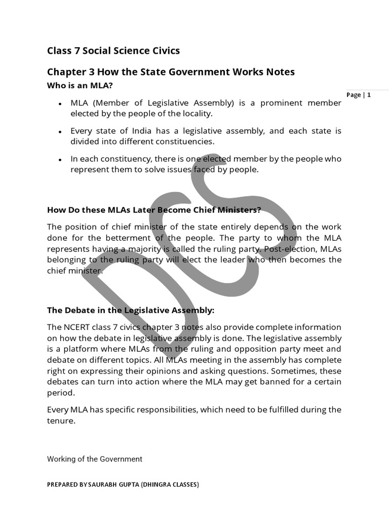 State Government Functions: Class 7 Notes | PDF | Elections | Legislature