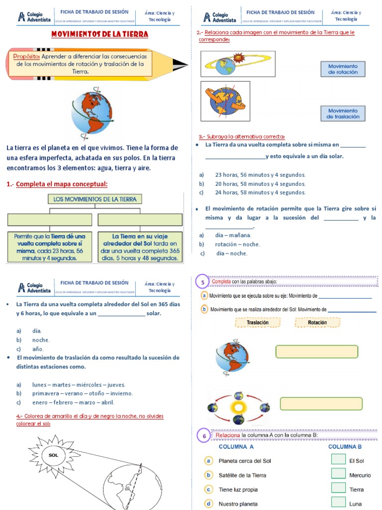 22 Ficha Ciencia Amb Movimientos de La Tierra 22 | PDF | Tierra | Rotación
