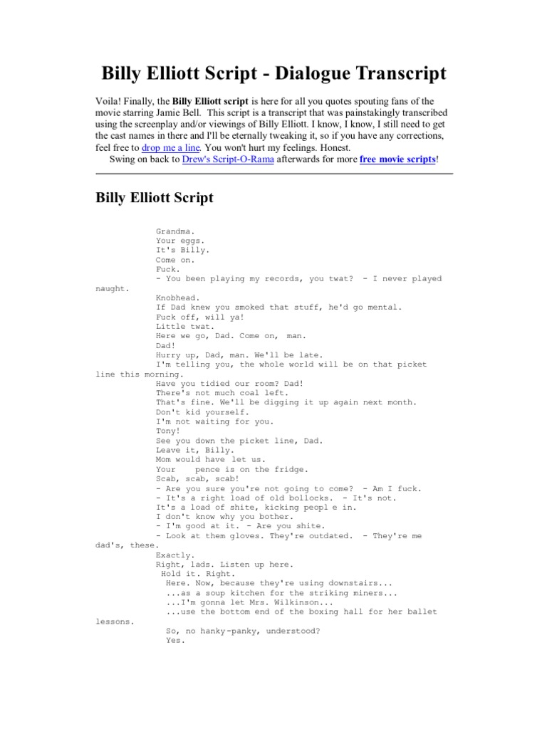 Billy Elliott Script | Dances | Leisure