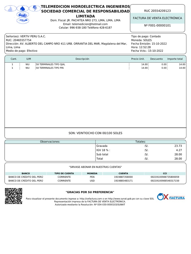 RUC 20554209123 Factura de Venta Electrónica #F001-00000101 | PDF | Dinero | Economias