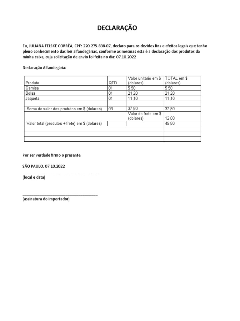 Declaração - Modelo Importação | PDF