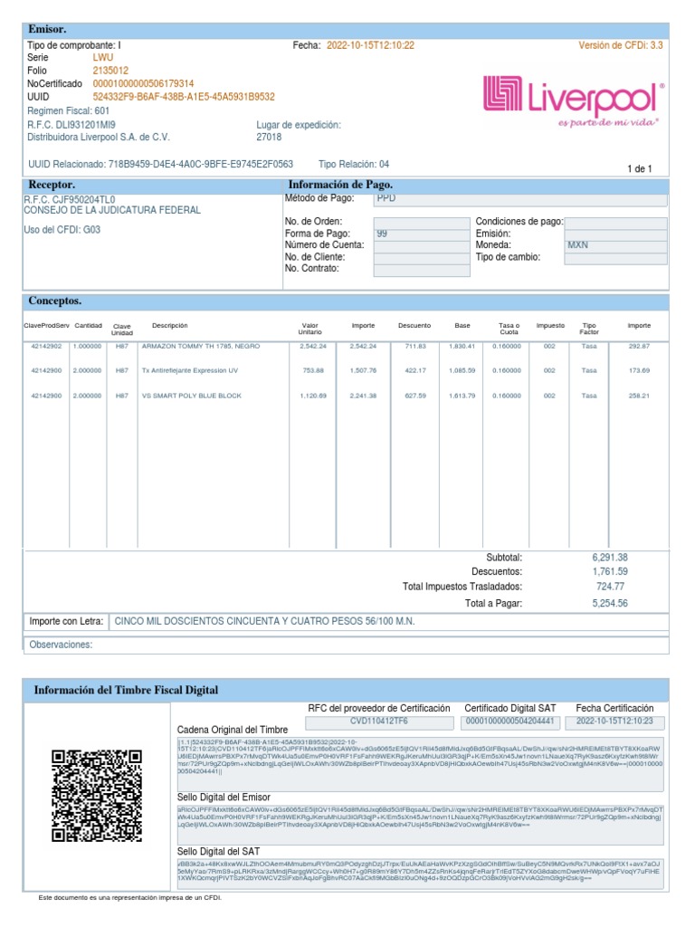 Comprobante fiscal digital por internet (CFDI) que incluye la venta de ...