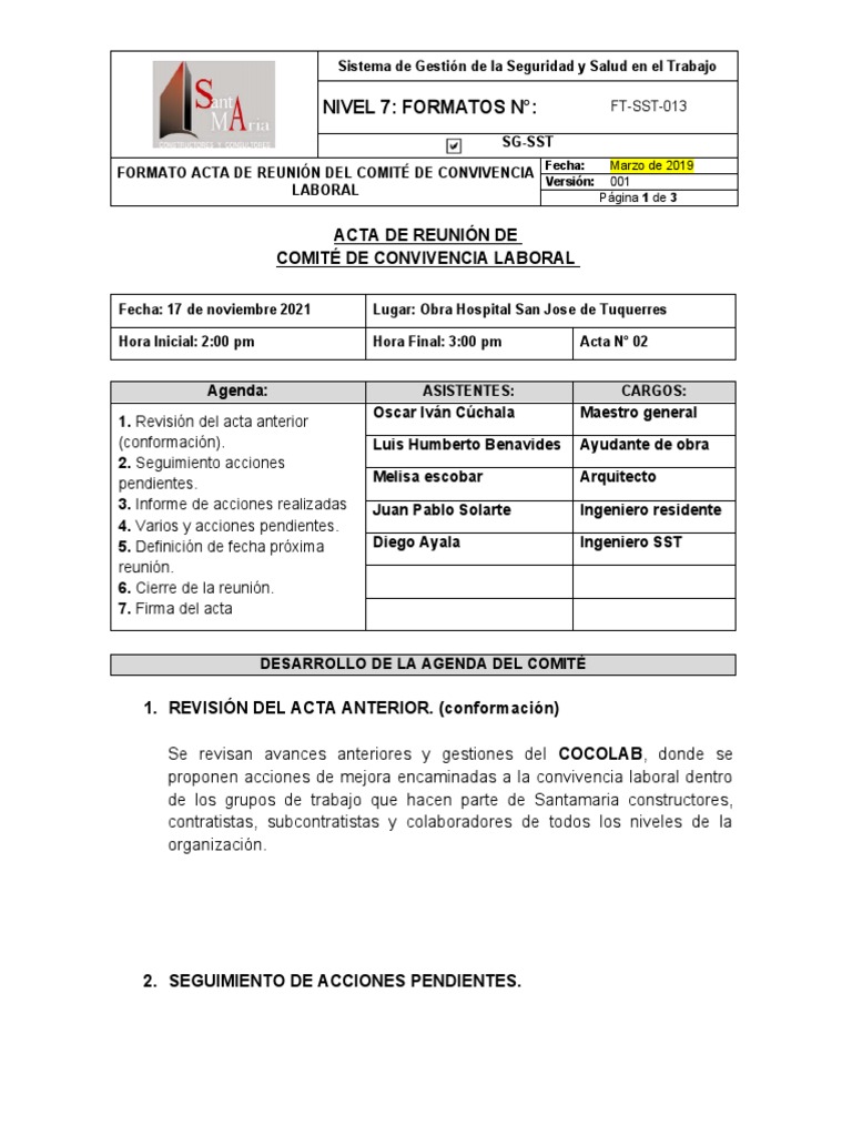 FT-SST-013 Formato de Acta de Reunión Del COPASST | PDF
