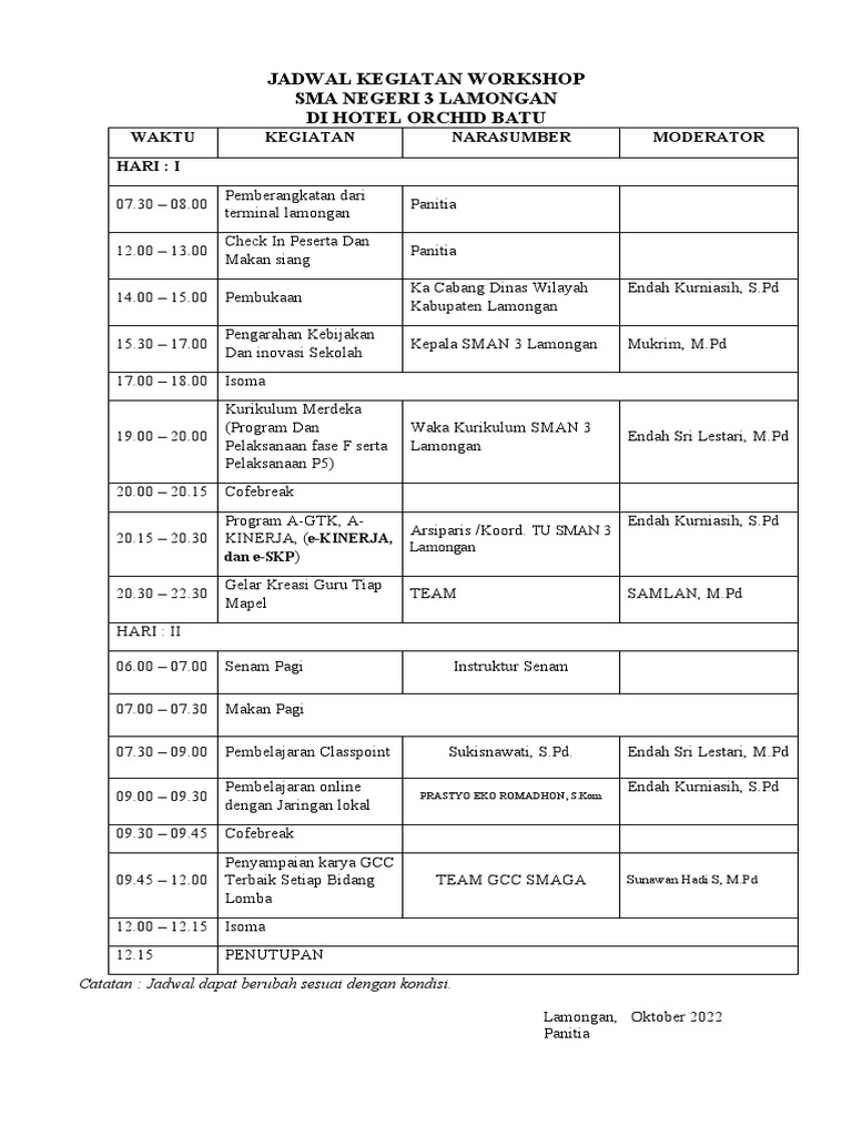 JADWAL KEGIATAN WORKSHOP Batu 2022 | PDF