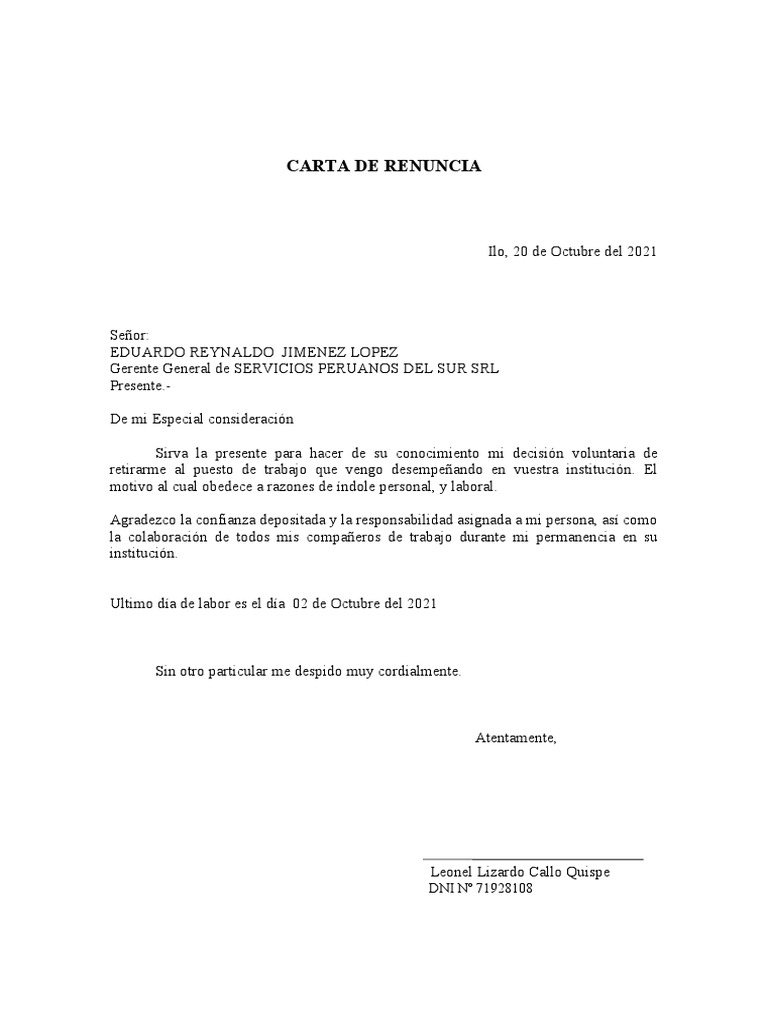 CARTA DE RENUN 1docx | PDF