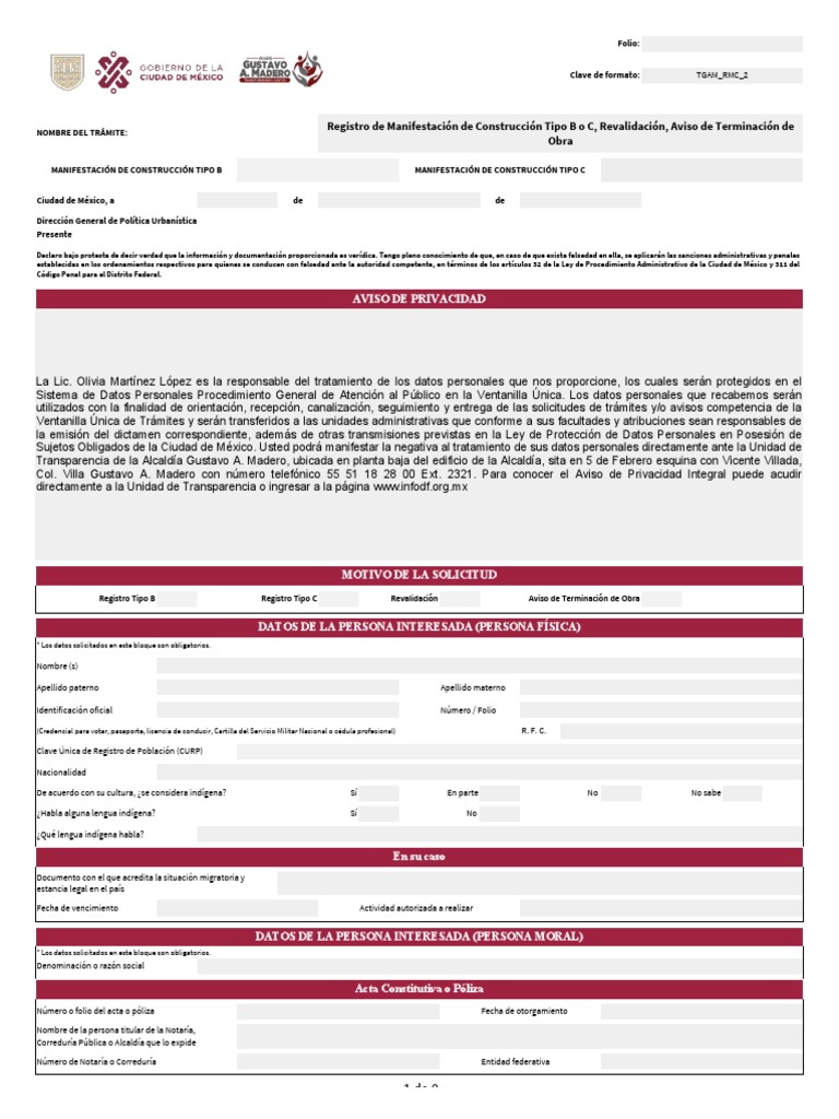 Registro de Manifestación Tipo B o C - GAM | Descargar gratis PDF | Ciudad de México | México