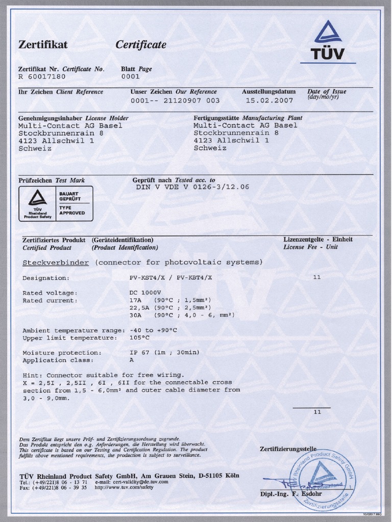 Certification TUV MC4 | PDF