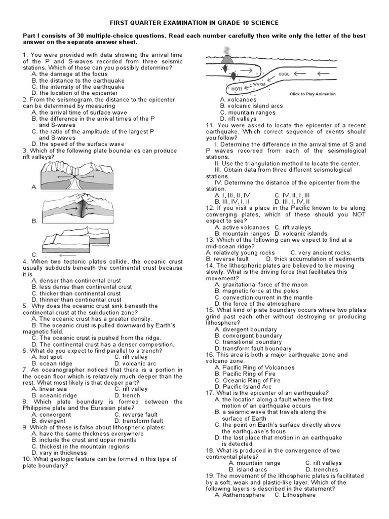 Grade 10 Science First Quarter Exam | PDF | Plate Tectonics | Geophysics
