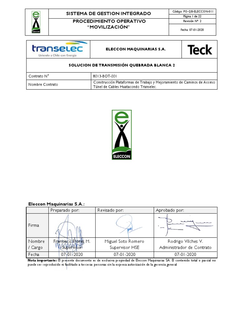 PO-QB-ELECCON-011 Movilizacion Rev 2 | PDF | Calidad (comercial) | Residuos