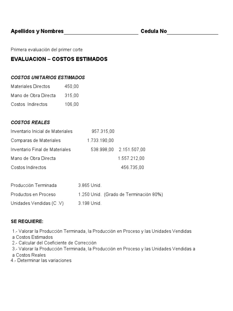 Evaluacion - Costos Estimados 01 | PDF