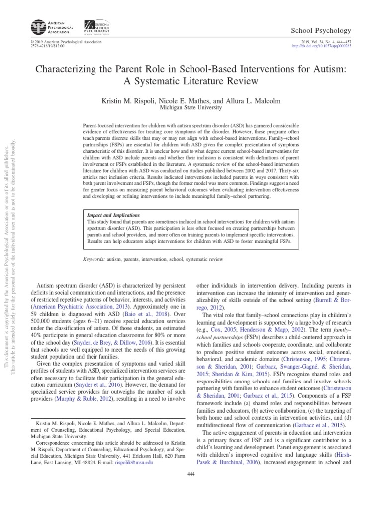 Characterizing The Parent Role in School-Based Interventions For Autism ...