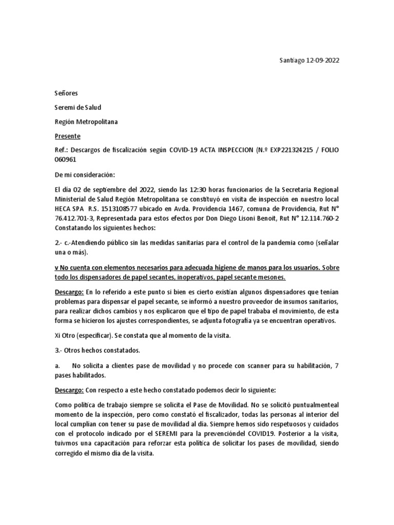 Formular Descargos Visita Seremi Salud | PDF