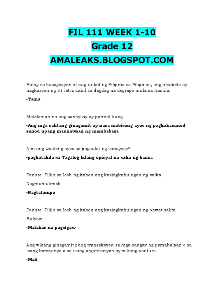 FIL 111 Week 1-10 | PDF