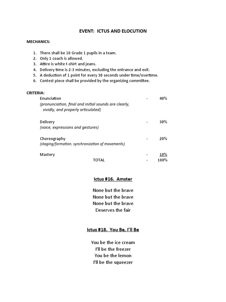 Mechanics Criteria and Contest Piece ICTUS AND ELOCUTION | PDF