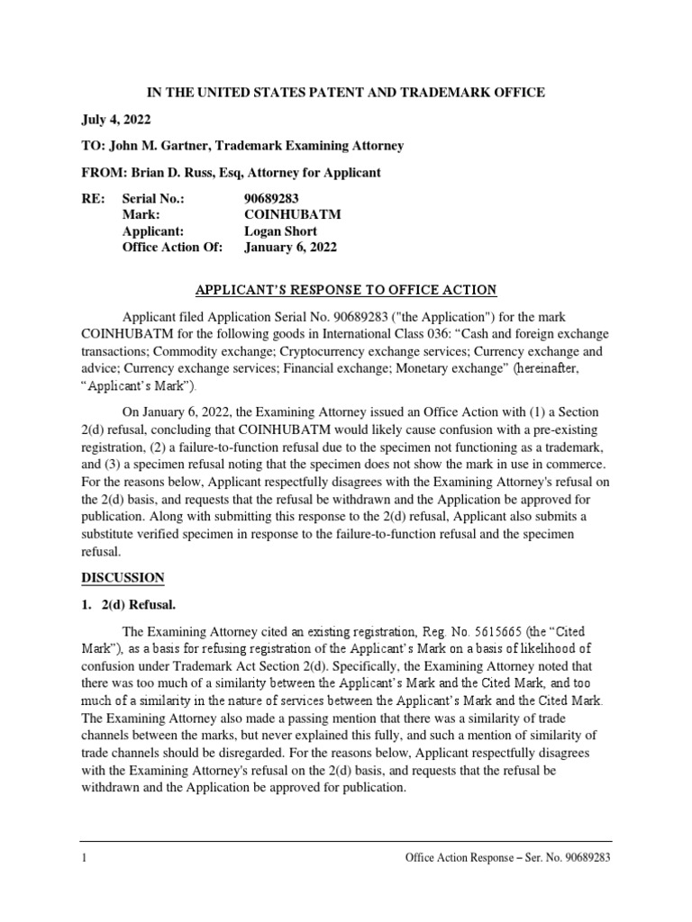 Sample Successful USPTO Section 2 (D) Office Action Response ...