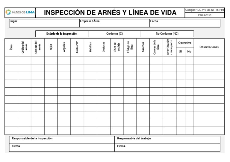 RDL-PR-SB-ST-15-F01 Inspección de Arnés y Líneas de Vida | PDF