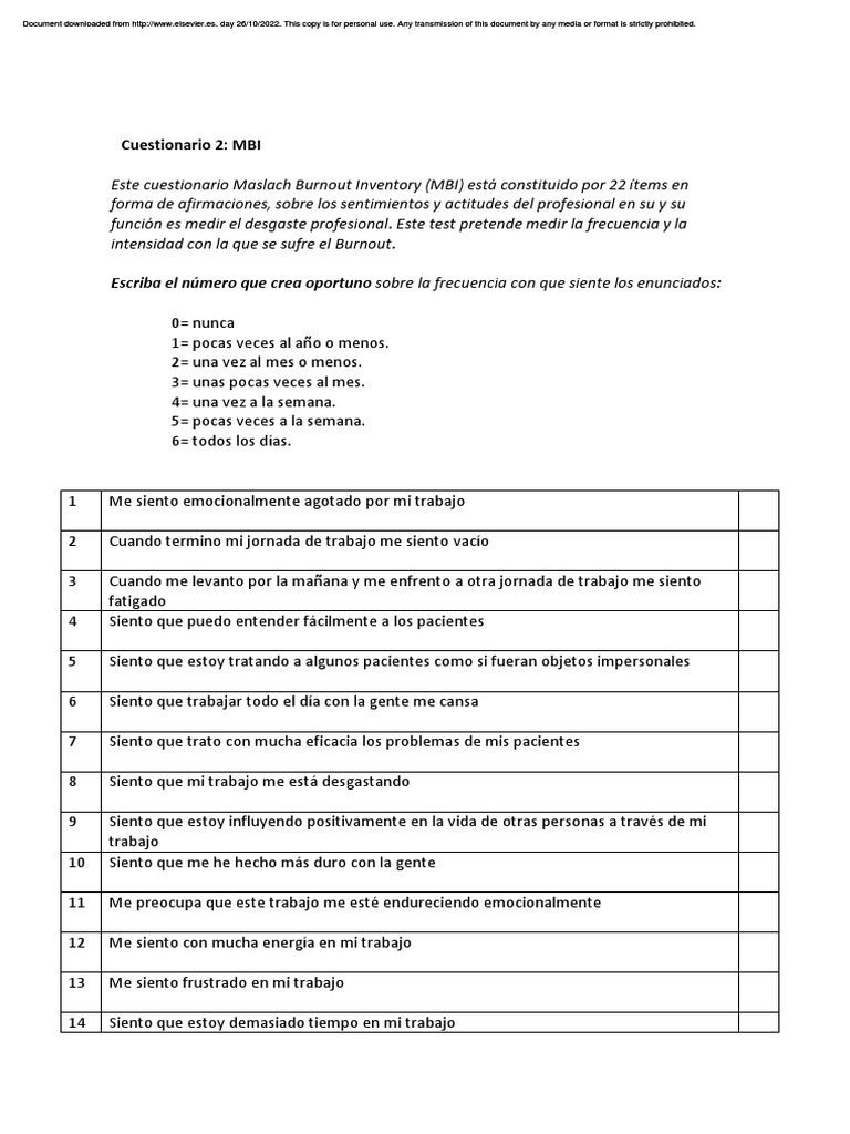 Análisis del cuestionario Maslach Burnout Inventory (MBI) para medir el ...