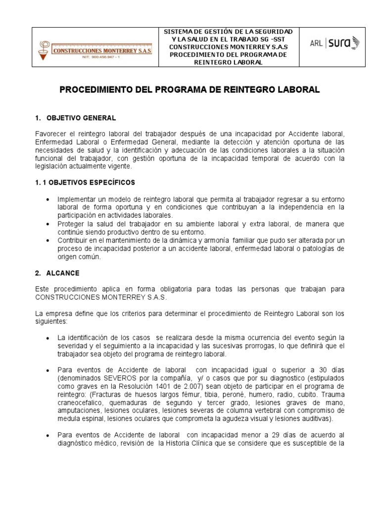 Procedimiento Del Programa de Reintegro Laboral | PDF | Trastorno mental | Historial médico