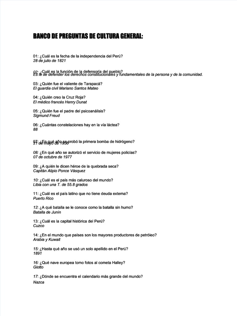 PDF Banco de Preguntas de Cultura General - Compress | PDF | Perú