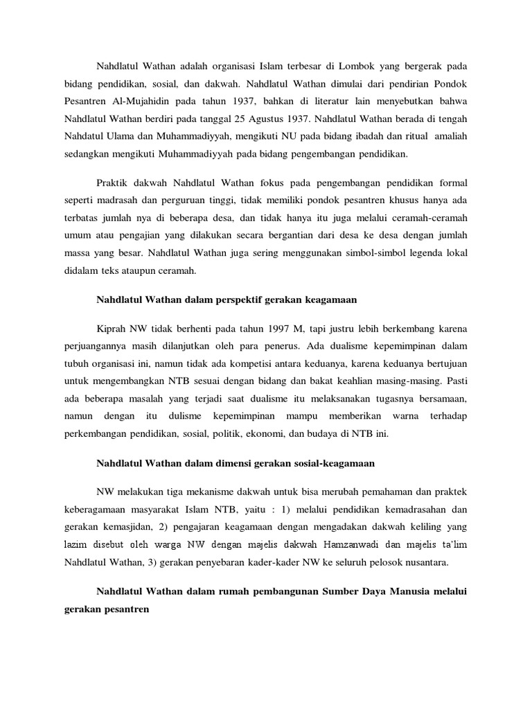 Nahdlatul Wathan: Gerakan Islam NTB | PDF