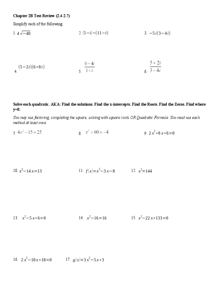 Chapter 2B Test Review Guide | PDF | Quadratic Equation | Mathematical ...